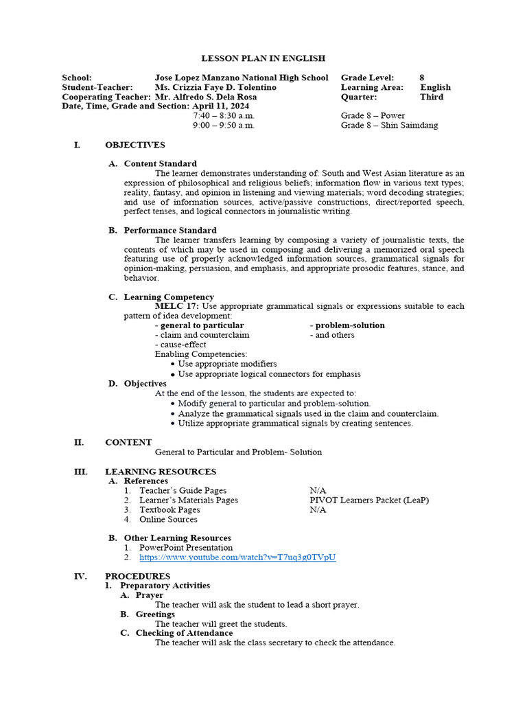 4th Quarter Week 2 - Day 1 | PDF | Learning | Teachers