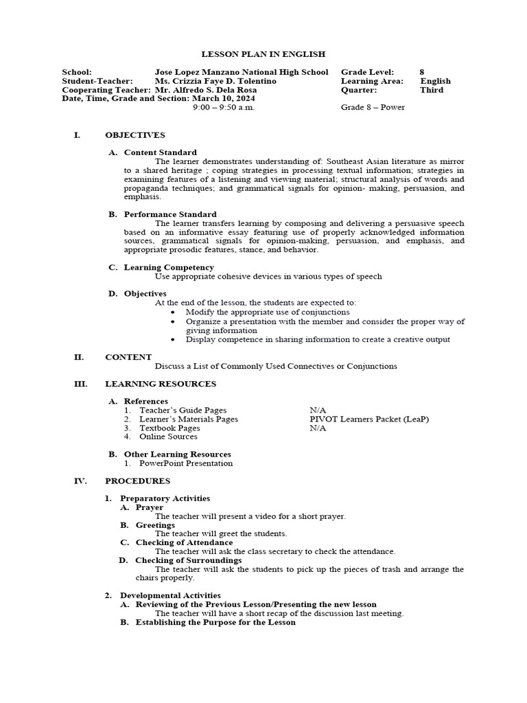 English Lesson Plan on Conjunctions | PDF | Teachers | Learning