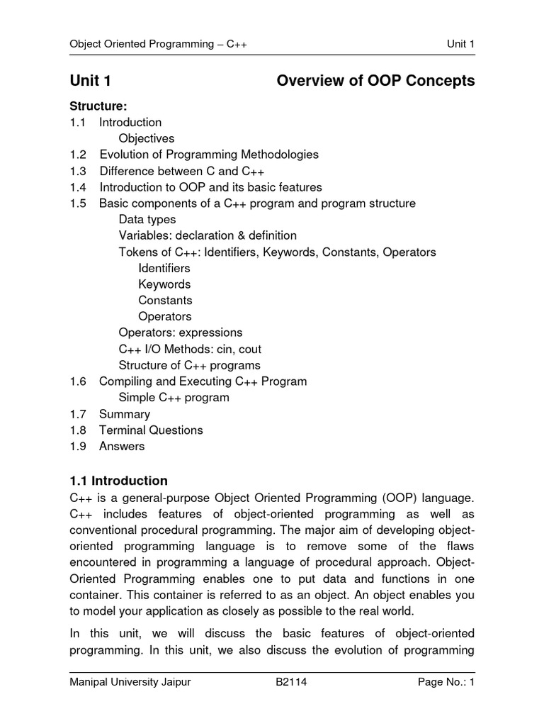 Unit 01 Overview of OOP Concepts | PDF | C++ | Programming Unit 01 Overview of OOP Concepts | PDF | C++ | Programming