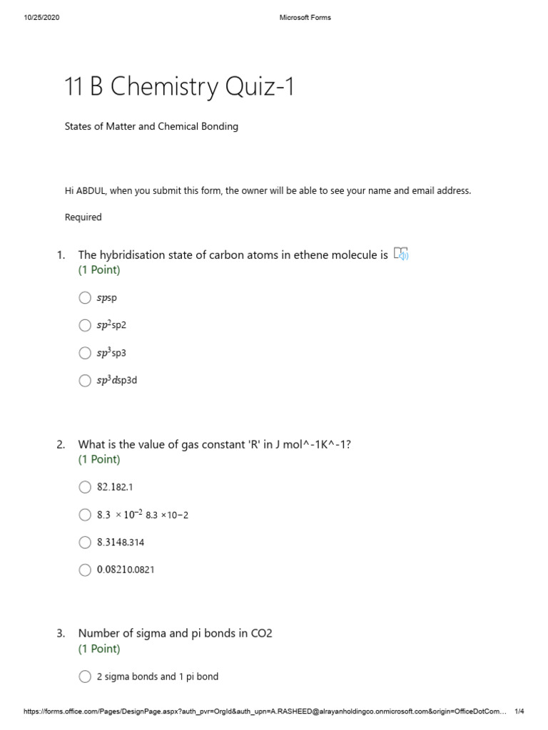 11 B Quiz-1 | PDF | Chemical Bond | Intermolecular Force
