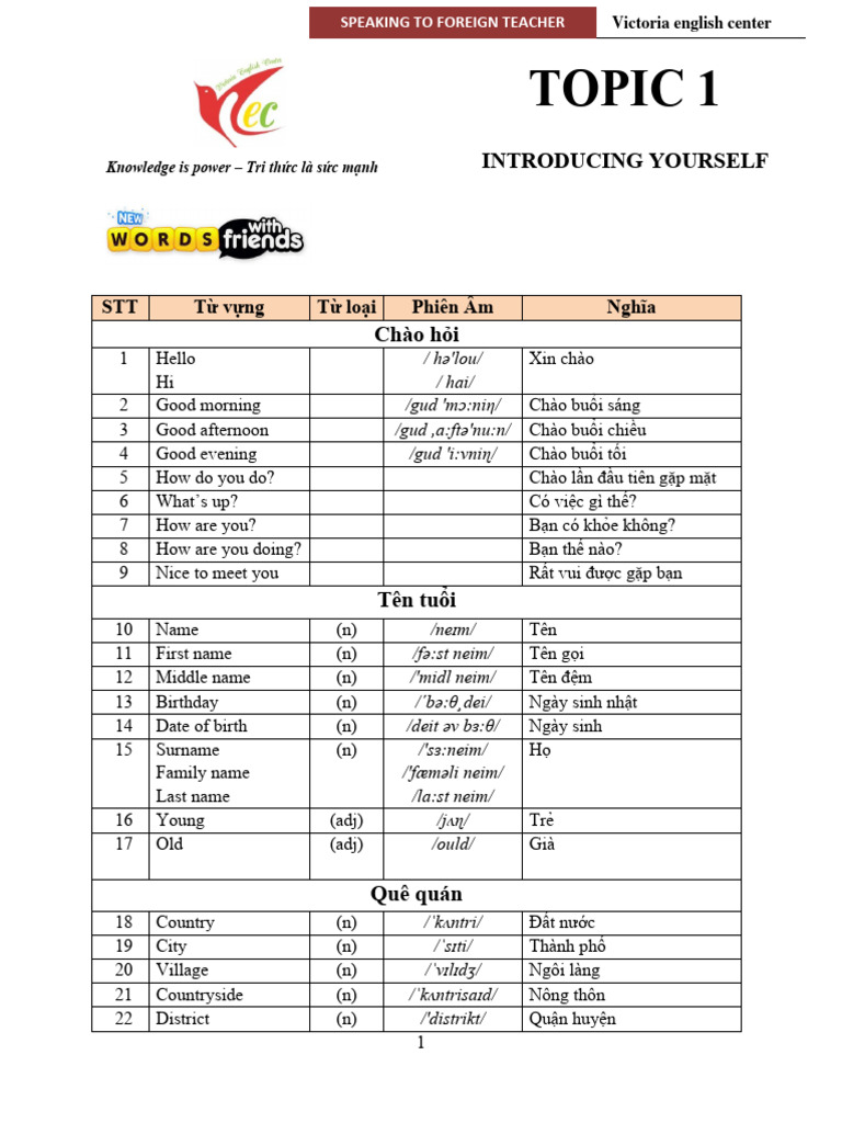 Topic 1 - Introducing Yourself | PDF
