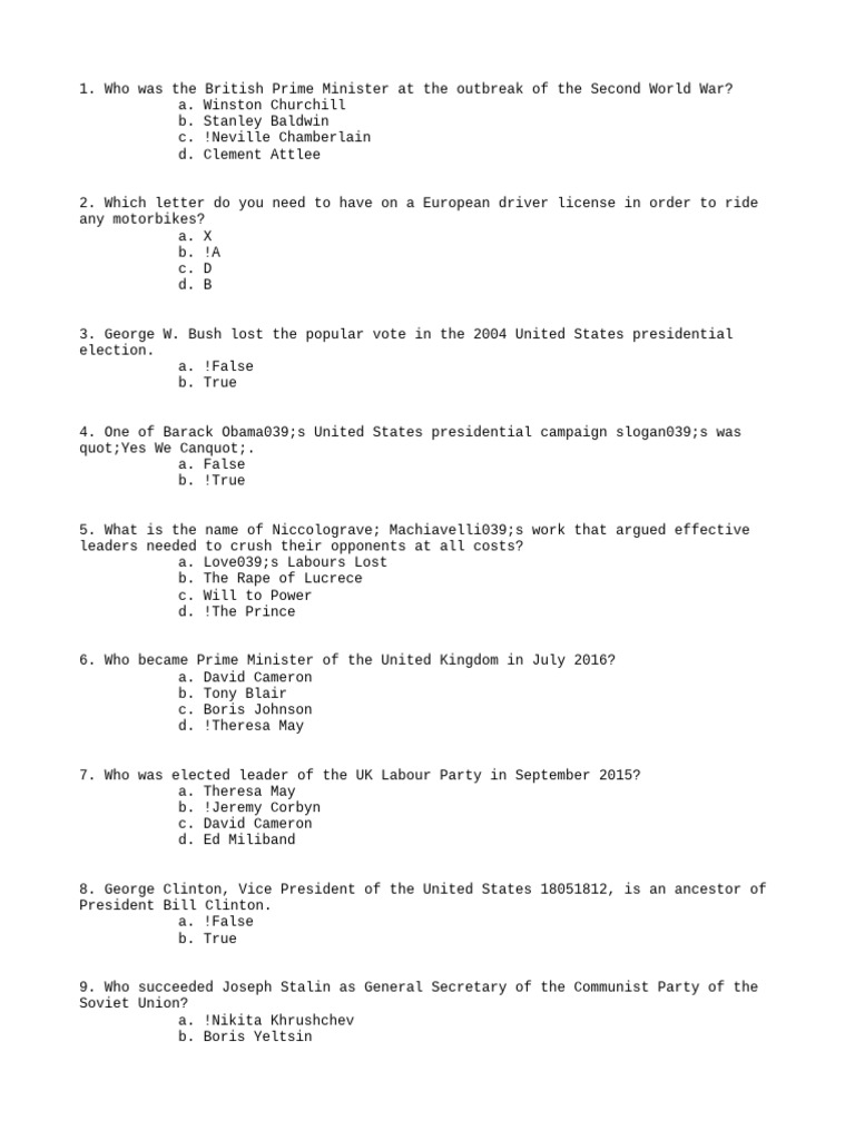 Historical and Cultural Quiz Questions | PDF | General Secretary Of The ...