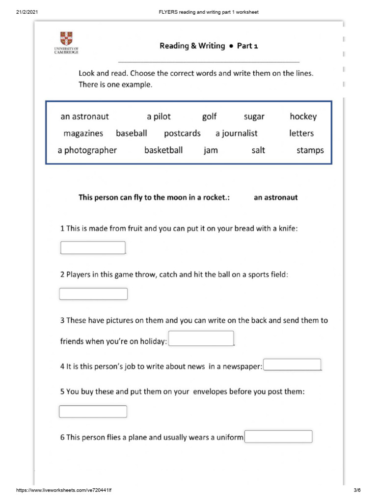 FLYERS Reading and Writing Part 1 Worksheet | PDF