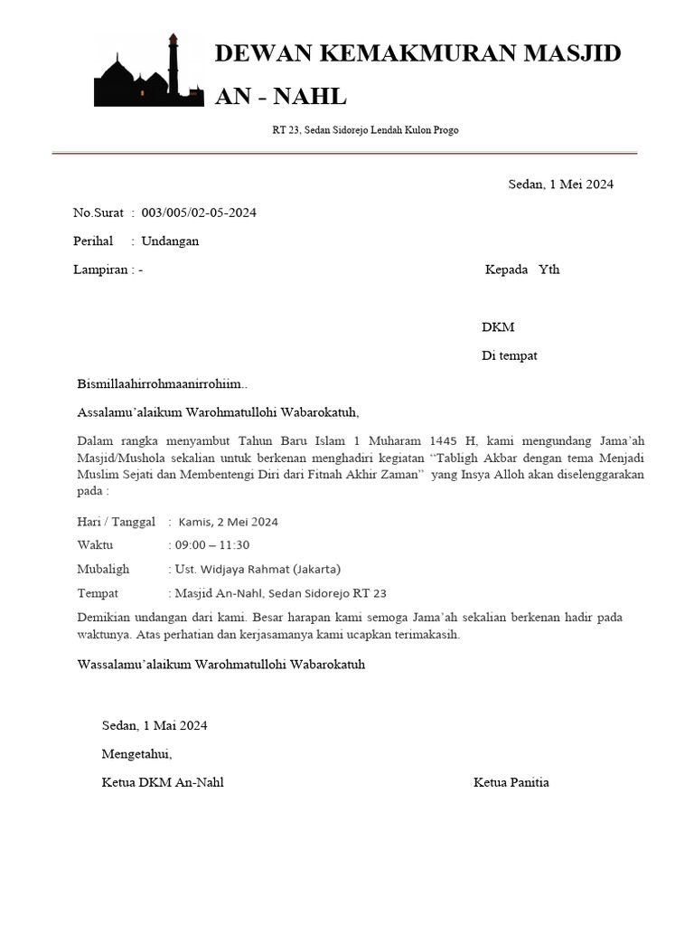 Contoh Surat Undangan DKM Masjid | PDF