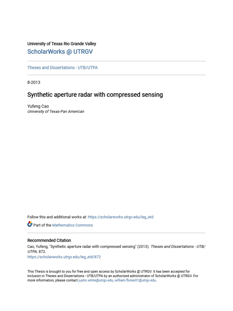 Synthetic Aperture Radar With Compressed Sensing Pdf Data Compression Radar