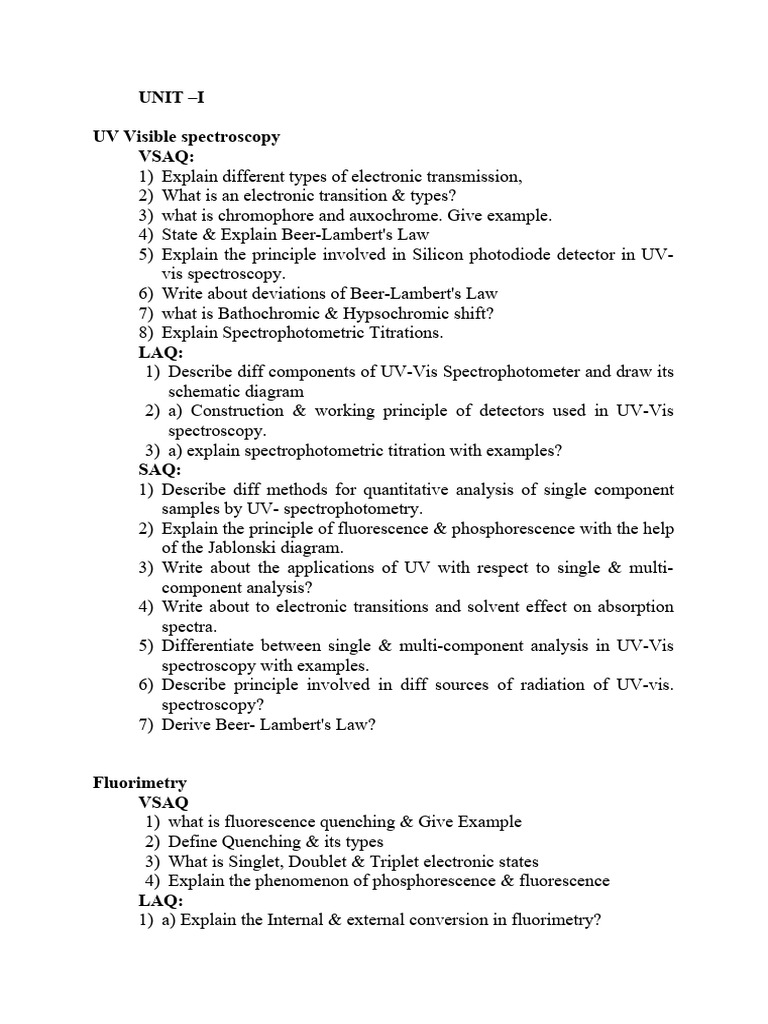 UNIT Topics Questions | PDF | Ultraviolet–Visible Spectroscopy ...