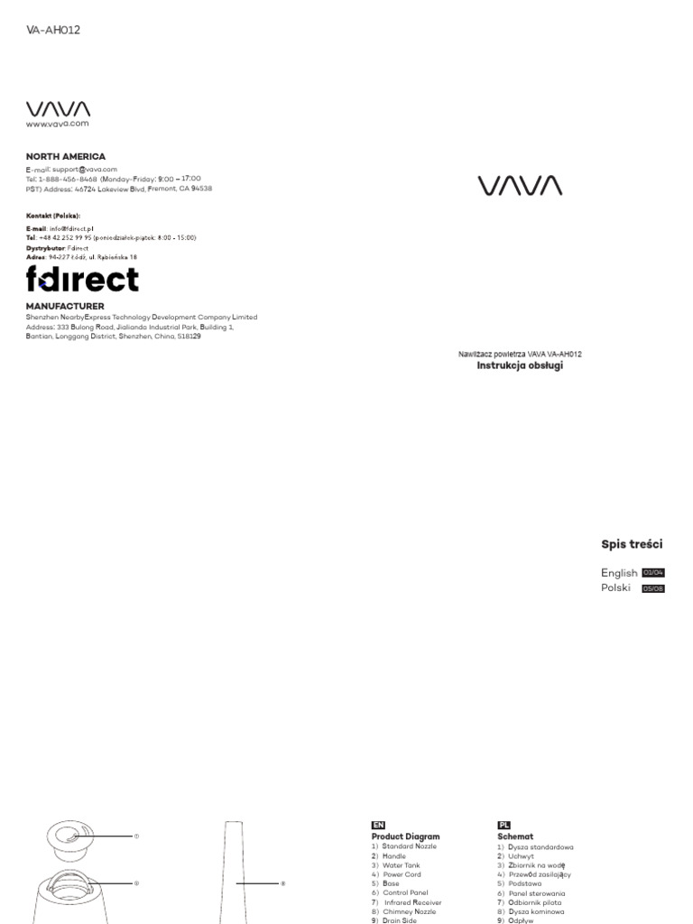 Instrukcja - Nawilżacz Powietrza Vava VA-AH012 | PDF