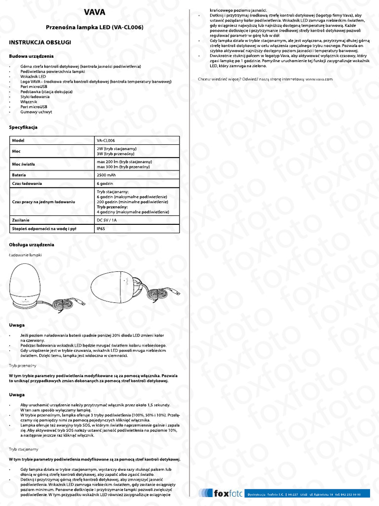 Instrukcja - Bezprzewodowa Lampka LED Vava VA-CL006 | PDF