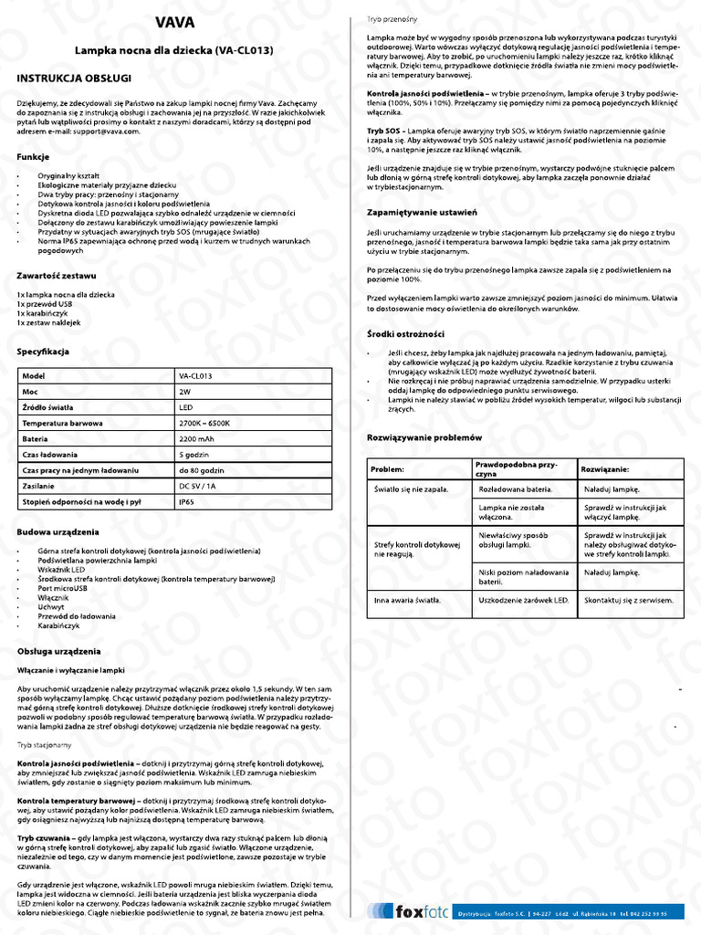 Instrukcja - Bezprzewodowa Lampka LED Vava VA-CL013 | PDF