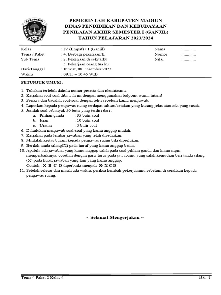 Soal Tema 4 Paket 2 Kelas 4 | PDF