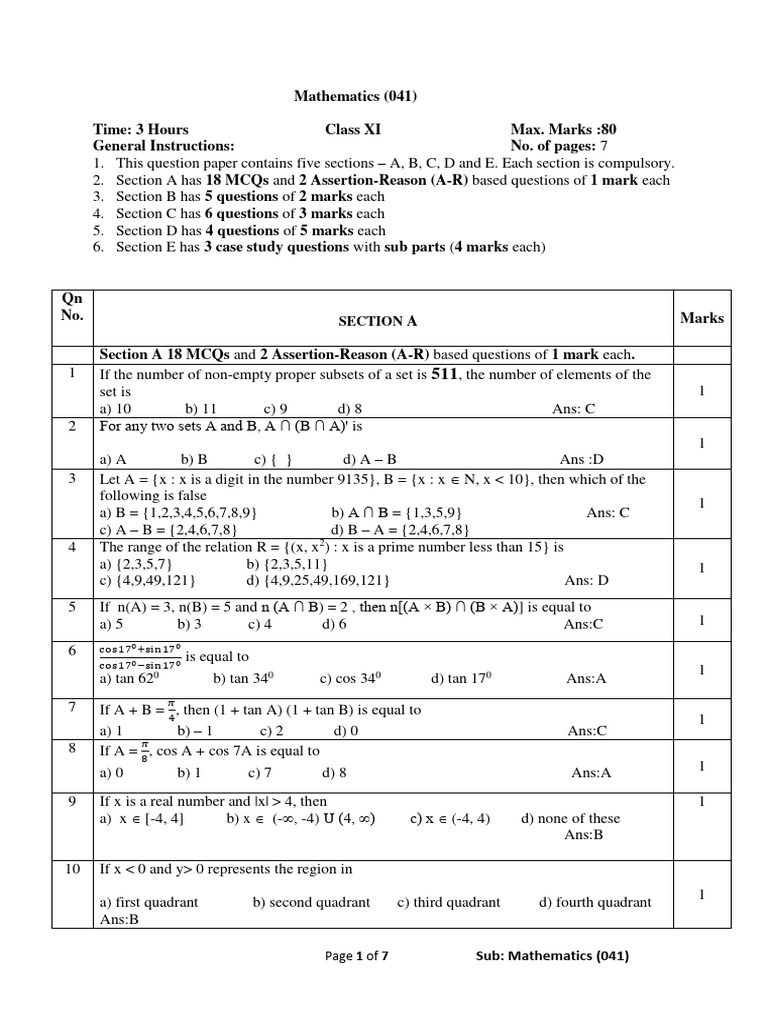 11 Mathematics Practice Paper 2023 24 Pdf Mathematical Relations