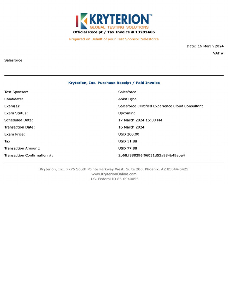Kryterion Purchase Receipt - 16 March 2024 | PDF