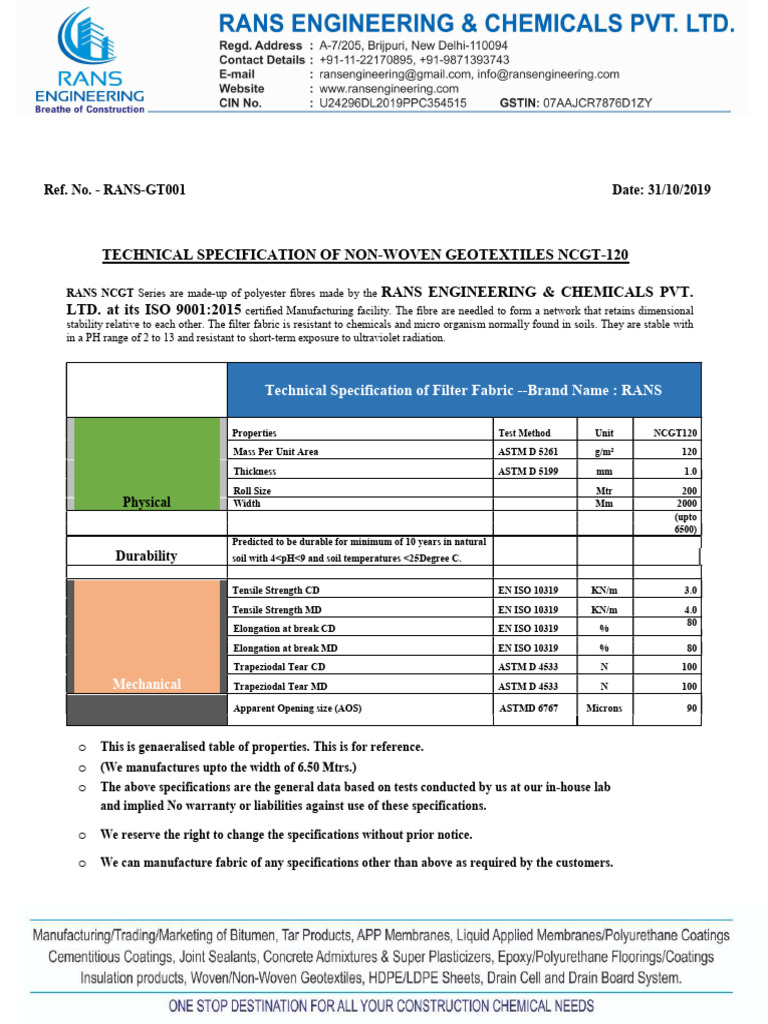 Ransgeotex-W (Technical) - 120 GSM | PDF | Textiles | Nonwoven Fabric