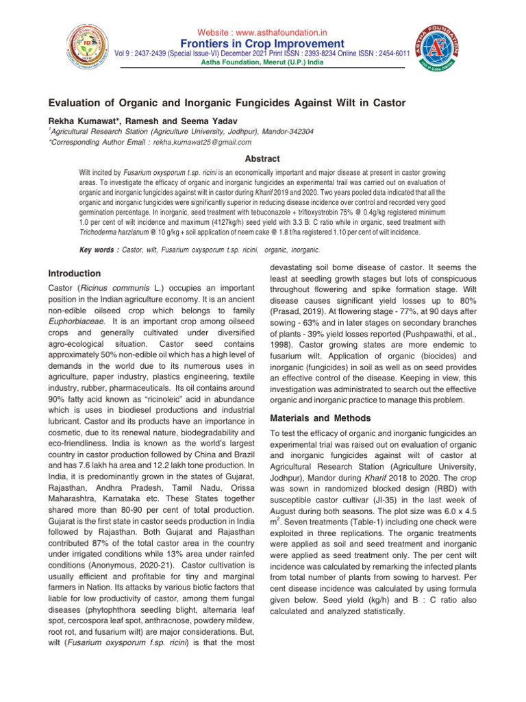 Efficacy of Fungicides on Castor Wilt | PDF | Sowing | Agriculture