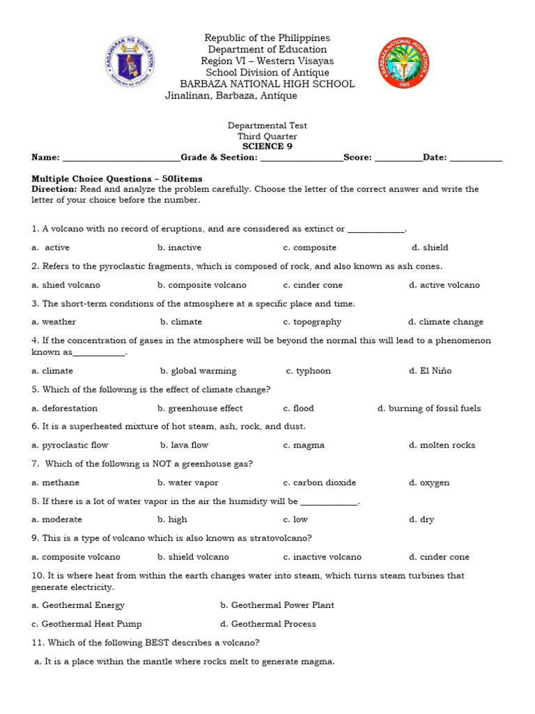 Departmental Test SCIENCE 9 | PDF | Volcano | Climate Change