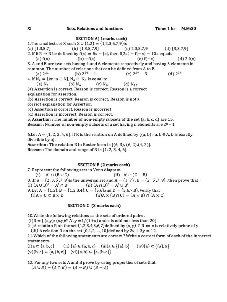 11 Sets and Relations Pratice WT 1 2023-24 | Download Free PDF | Function (Mathematics ...