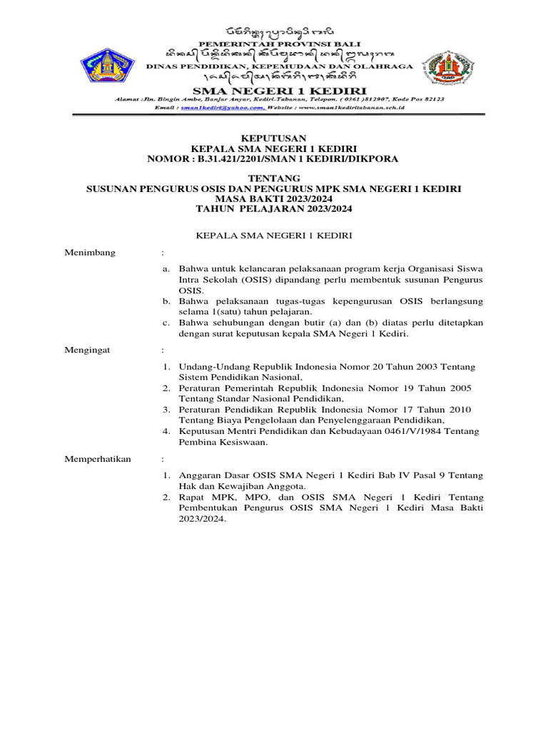 2 Surat Keputusan Osis & MPK 2023 2024 | PDF
