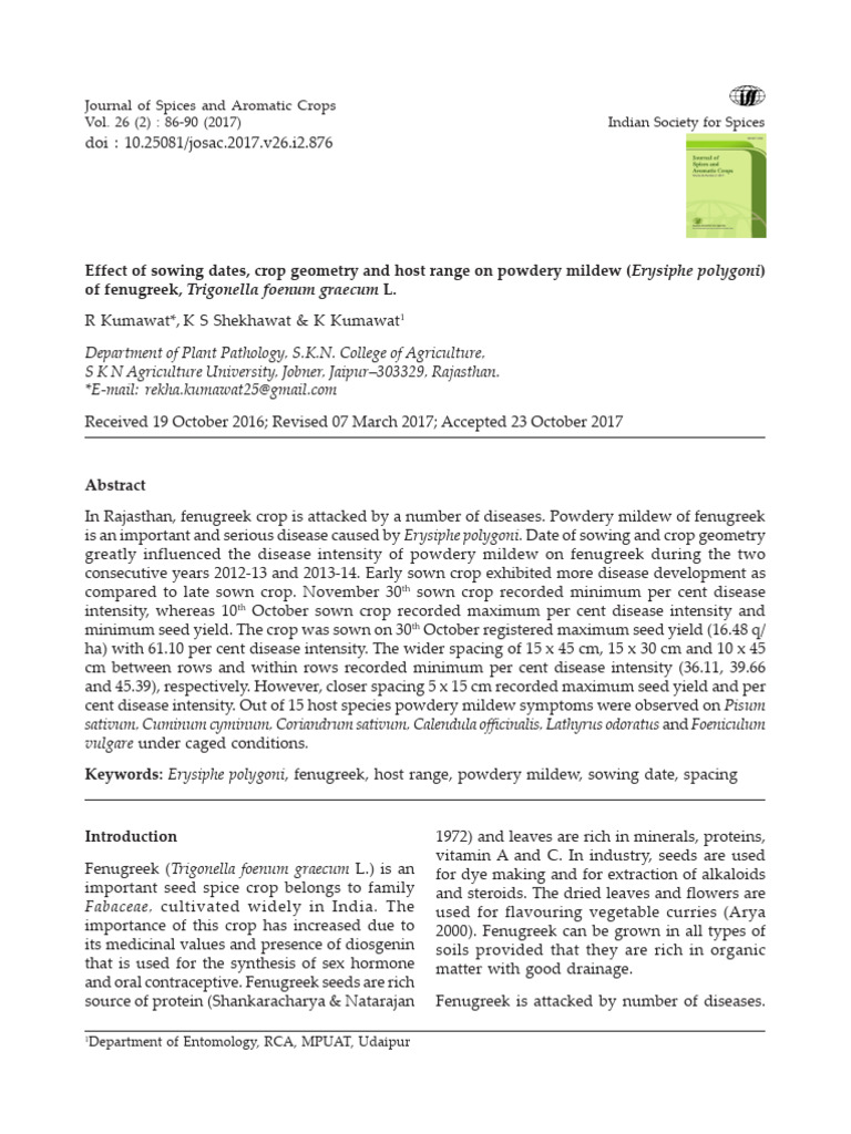 Effect Of Sowing Dates Crop Geometry And Host Range On Powdery Mildew