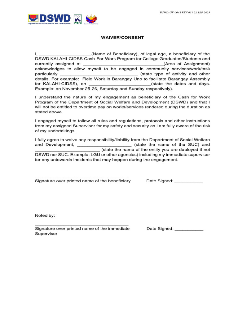 Cash-For-Work Waiver for Beneficiaries | PDF