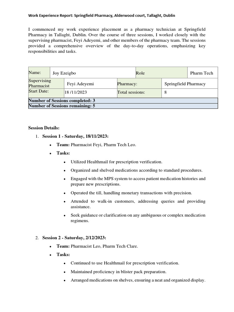 Work Experience at Springfield Pharmacy | PDF | Pharmacist | Pharmacy
