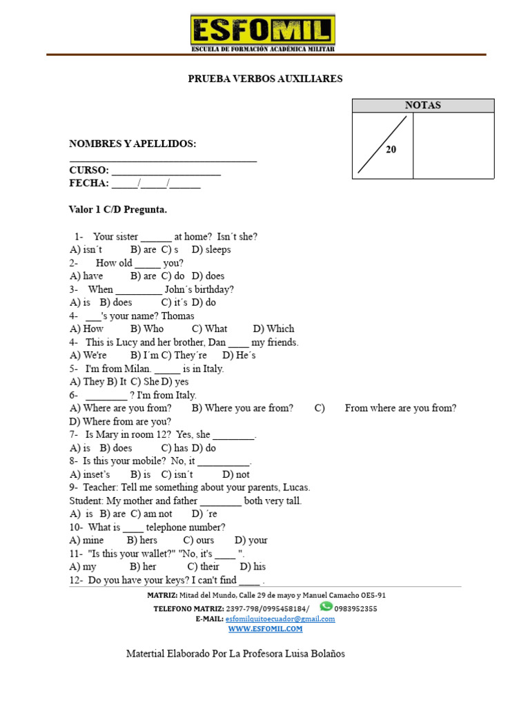 Prueba de Verbos Auxiliares | PDF