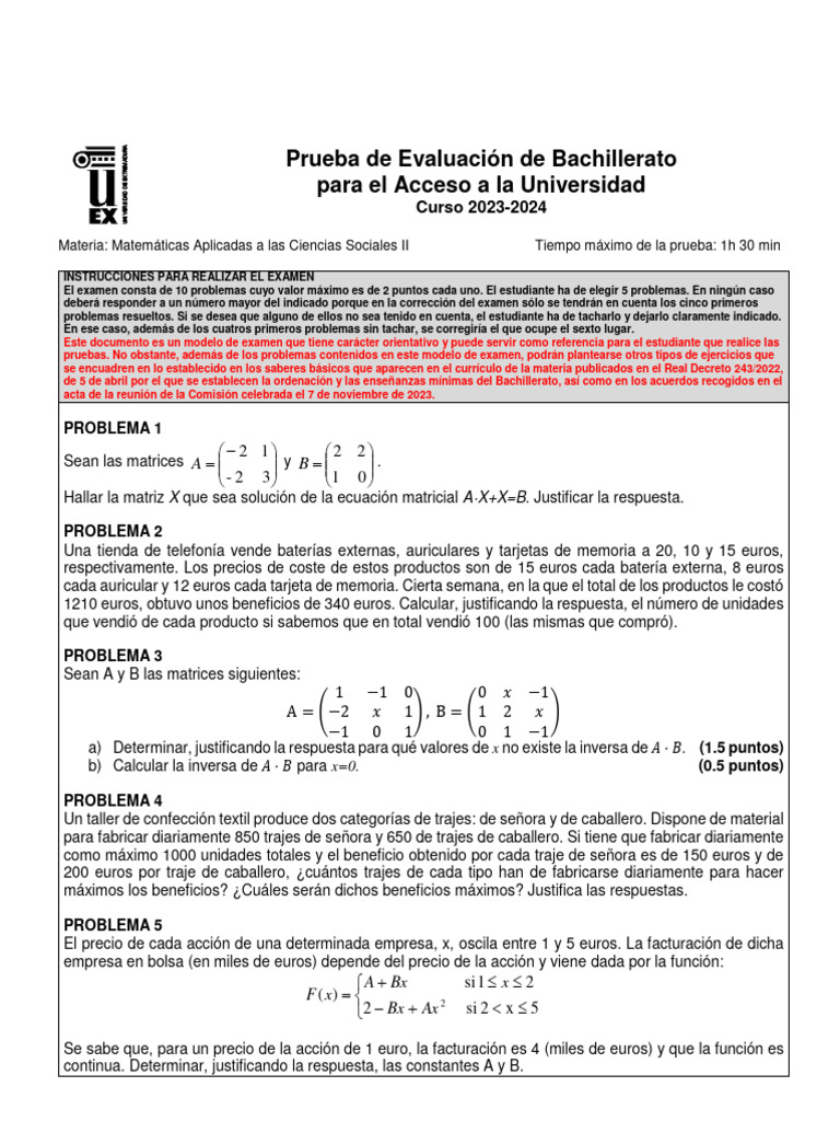MatematicasCCSS Modelo Examen 2023 2024 | PDF | Matriz (Matemáticas)