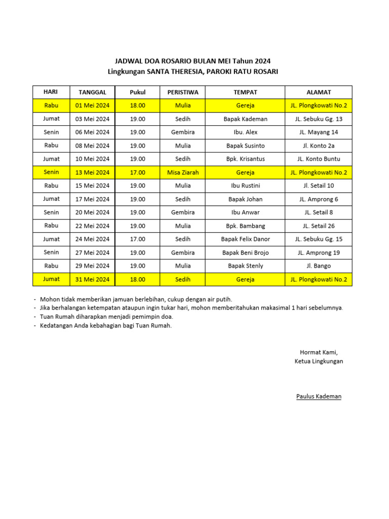 Jadwal Doa Rosario Mei 2024 | PDF