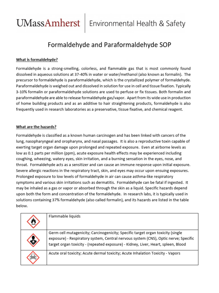 Formaldehyde and Paraformaldehyde SOP - SL Updated | PDF | Formaldehyde ...