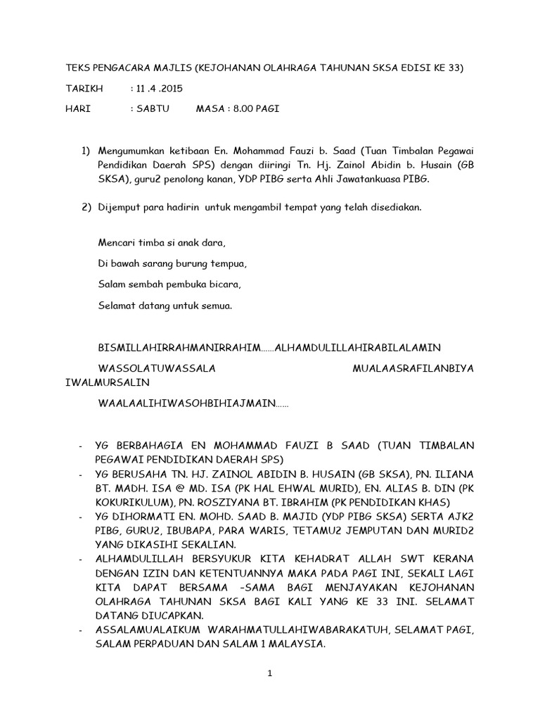 Teks Pengacara Majlis Kejohanan Olahraga Tahunan Sksa | PDF
