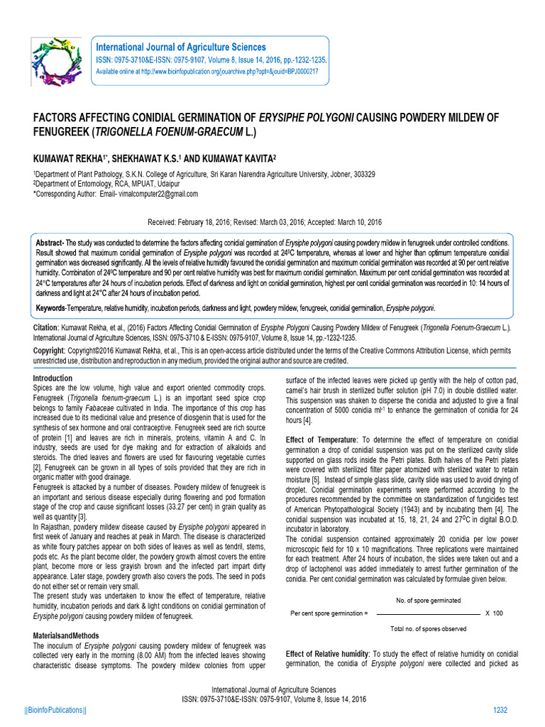 Factors Affecting Conidial Germination of Erysiphe Polygoni Causing ...