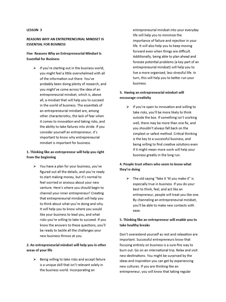 LESSON 3 Entrep Mind | PDF | Entrepreneurship | Mindset