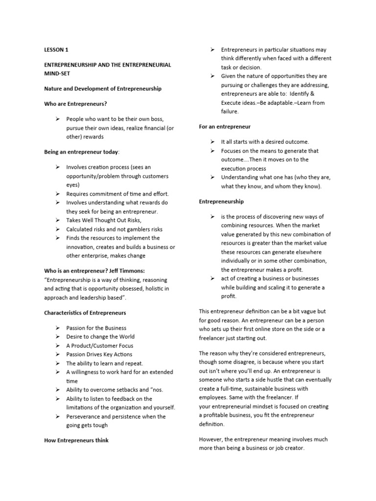 LESSON 1 Entrep Mind | PDF | Entrepreneurship | Economic Growth