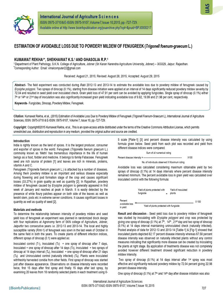 Estimation of Avoidable Loss Due To Powdery Mildew of Fenugreek | PDF ...