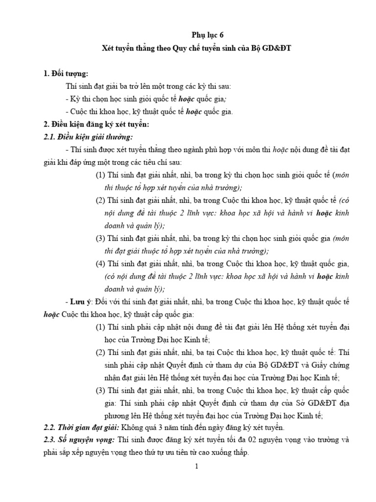 Phu Luc 6 - Xet Tuyen Thang Theo Quy Che Tuyen Sinh Cua Bo GD&DT | PDF