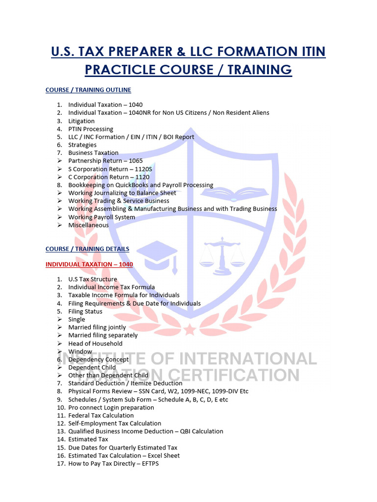 U.S. Tax Preparer Training Course Outline | PDF | S Corporation | Taxes