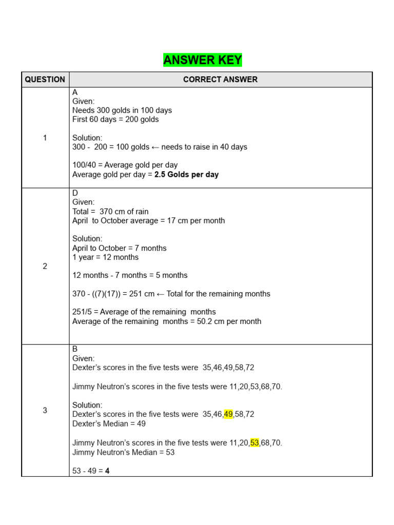 Math Problem Answer Key | PDF