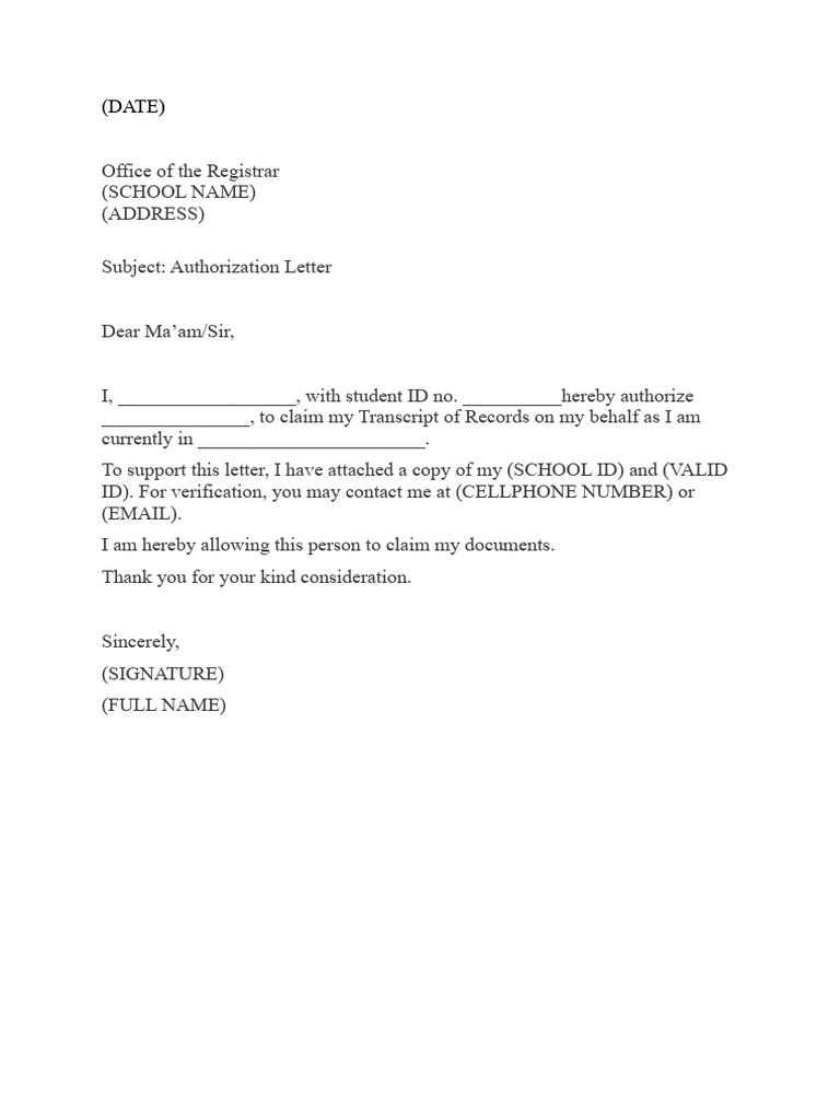 Authorization Letter To Claim Transcript of Records | PDF