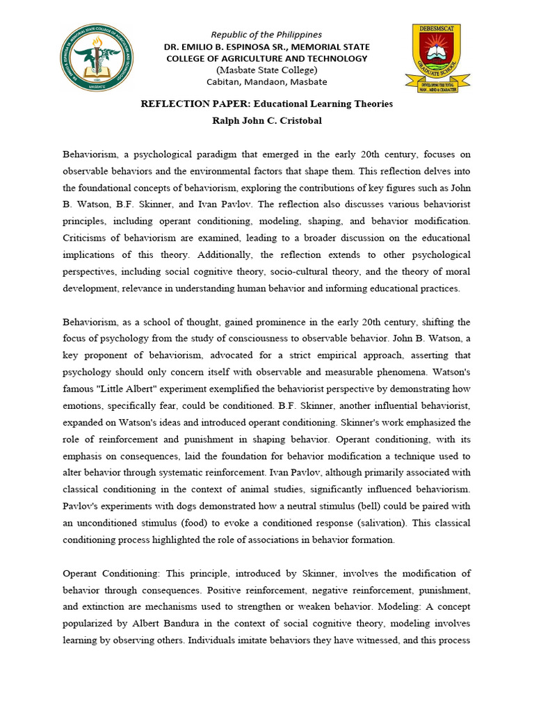 Educational Learning Theories-Reflection Paper (Educ 290) | PDF | Behaviorism | Reinforcement