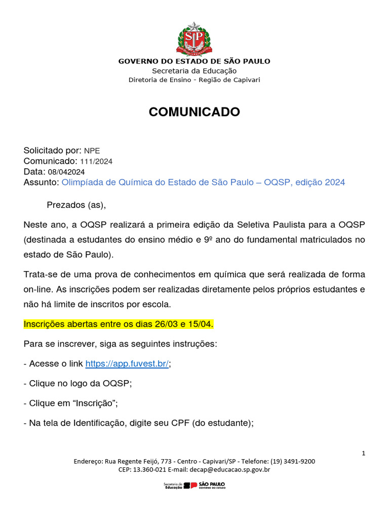 Comunicado - 111 - 2024 OLimpíada de Química | PDF