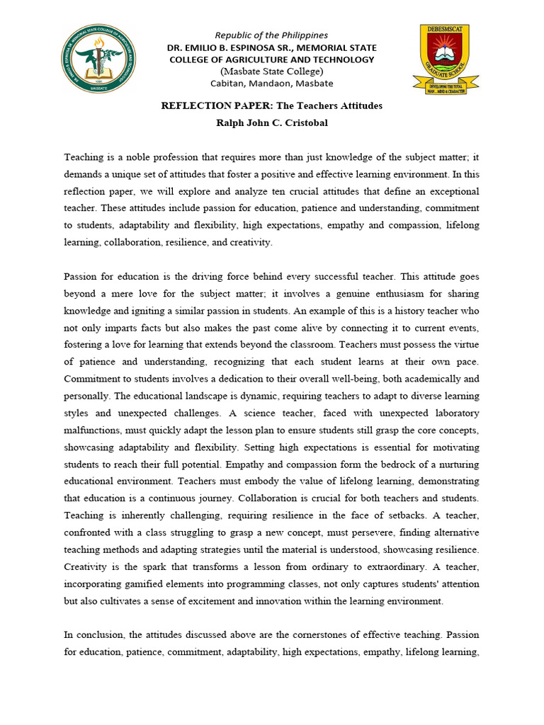 The Teachers Attitude-Reflection Paper (Educ 290) | PDF | Teachers ...
