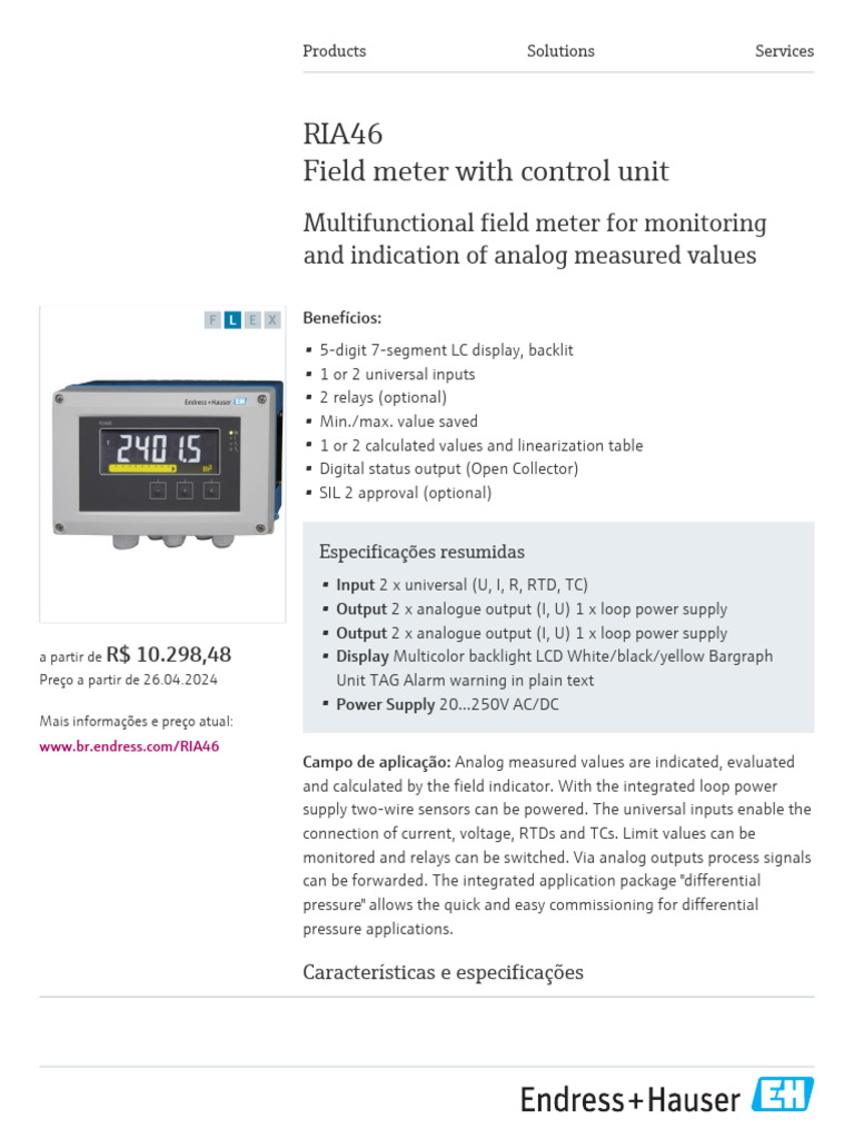 Endress-Hauser Field Meter With Control Unit RIA46 PT | PDF | Power ...
