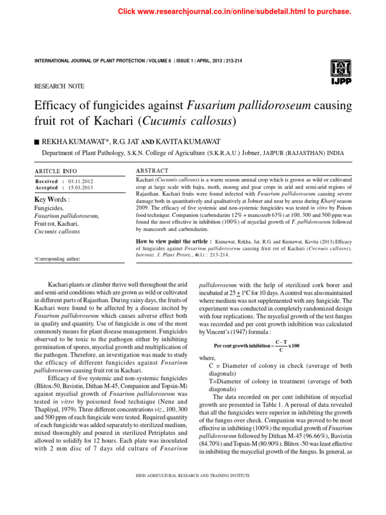 Efficacy of Fungicides Against Fusarium Pallidoroseum Causing Fruit Rot ...