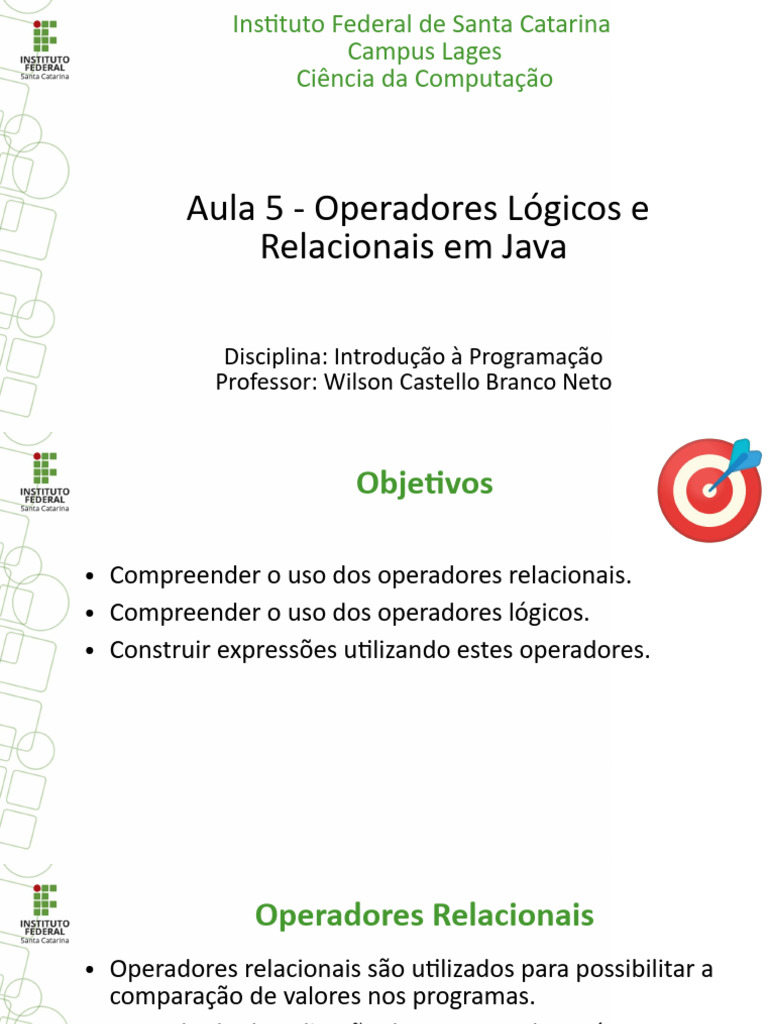 Aula 5 - Operadores Relacionais e Lógicos em Java | PDF | Informática