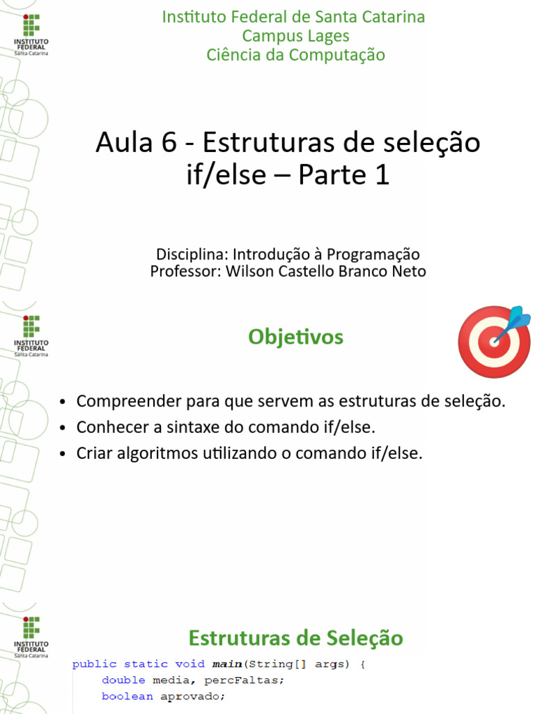 Aula 6 Estruturas De Seleção If Else Parte 1 Pdf Engenharia De Software Programação 