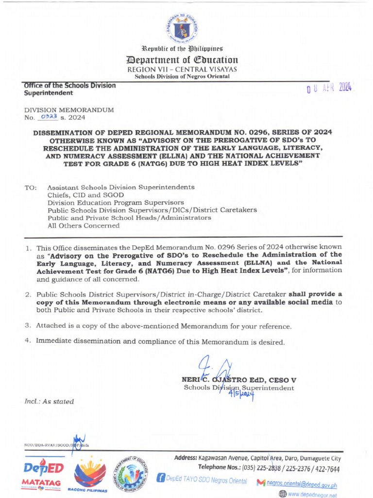 DM No. 0323 S. 2024 Dissemination of Deped Regional Memorandum No. 0296 ...