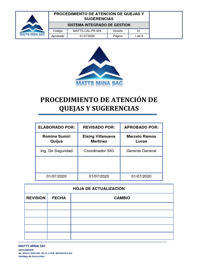Matts-Cal-Pr-004 Procedimiento de Atención de Quejas y Sugerencias ...