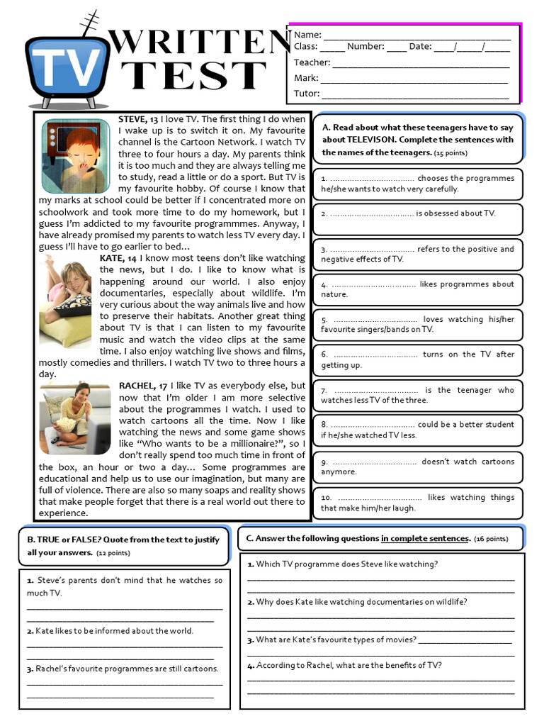 Test A1 TV Version A Regular Students Information Gap Activities ...