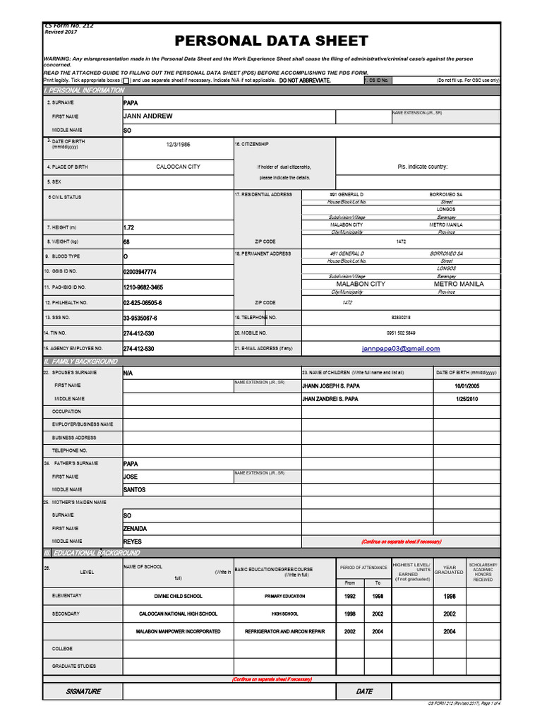 Personal Data Sheet Form 2017 | PDF | Government | Justice