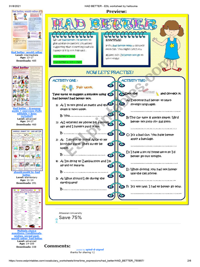Had Better: ESL Grammar Worksheet | PDF