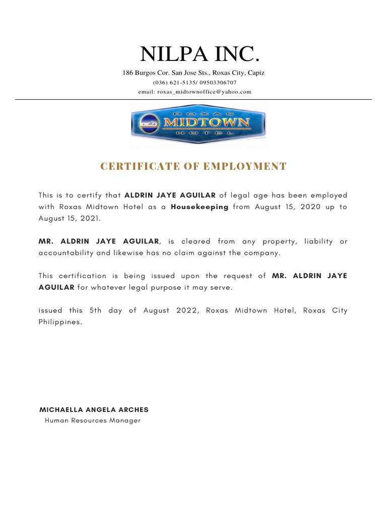 Housekeeping Certificate of Employment | PDF